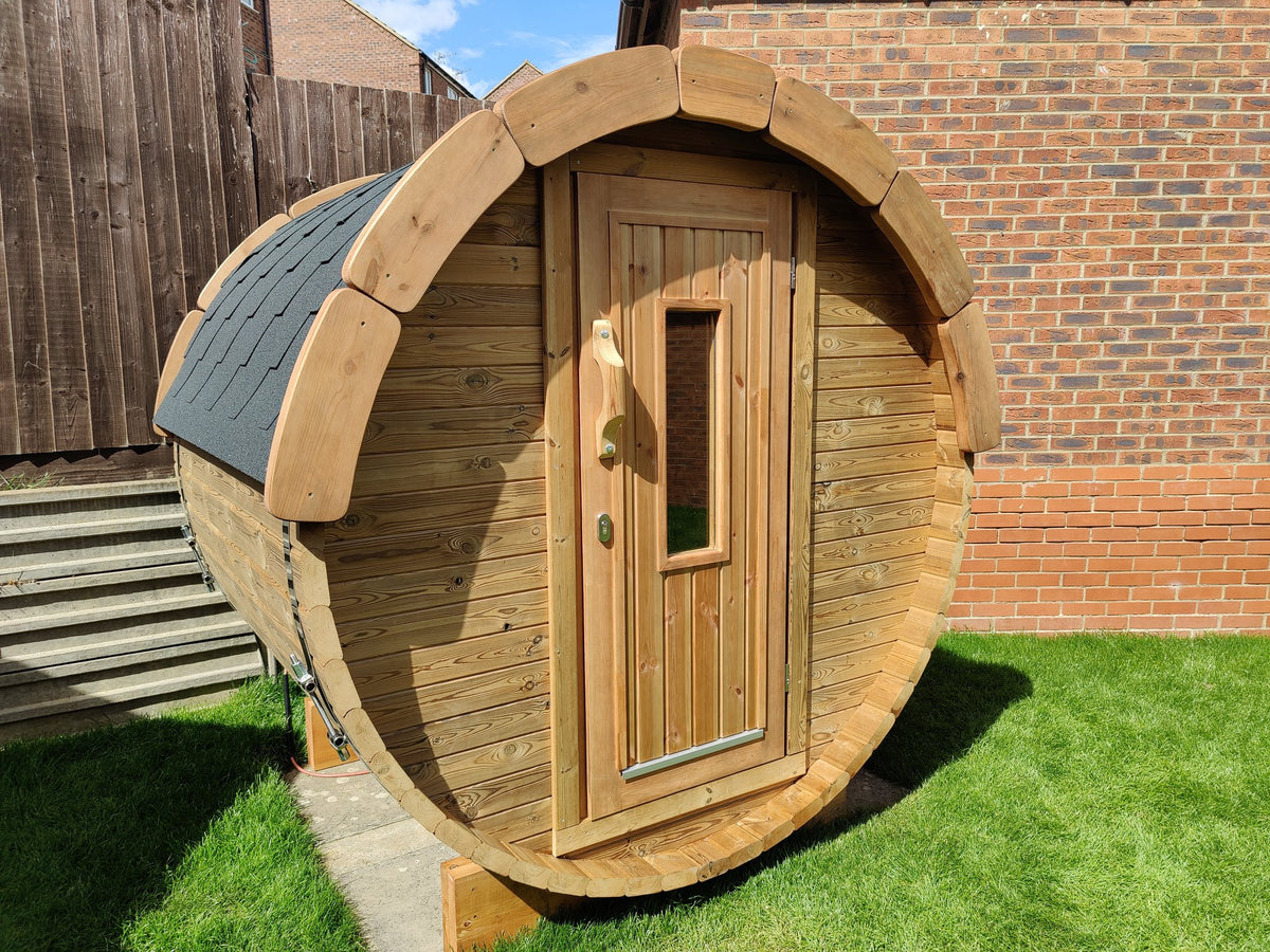 The Flame Seed Sauna – 5.6 ft x 6.5 ft Thermo Wood Barrel — Elevate Backyard
